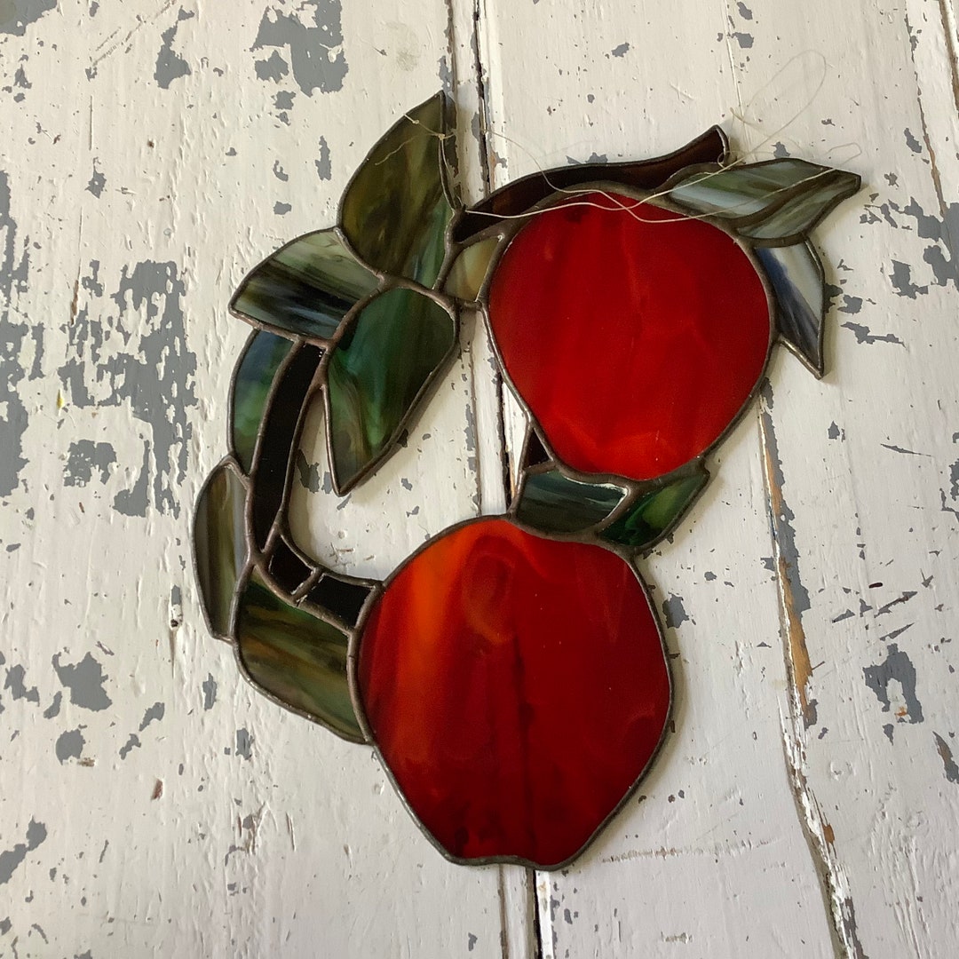 Red Apple Stained Glass Window Hanging Handmade Cherry Red Summer Fruit ...