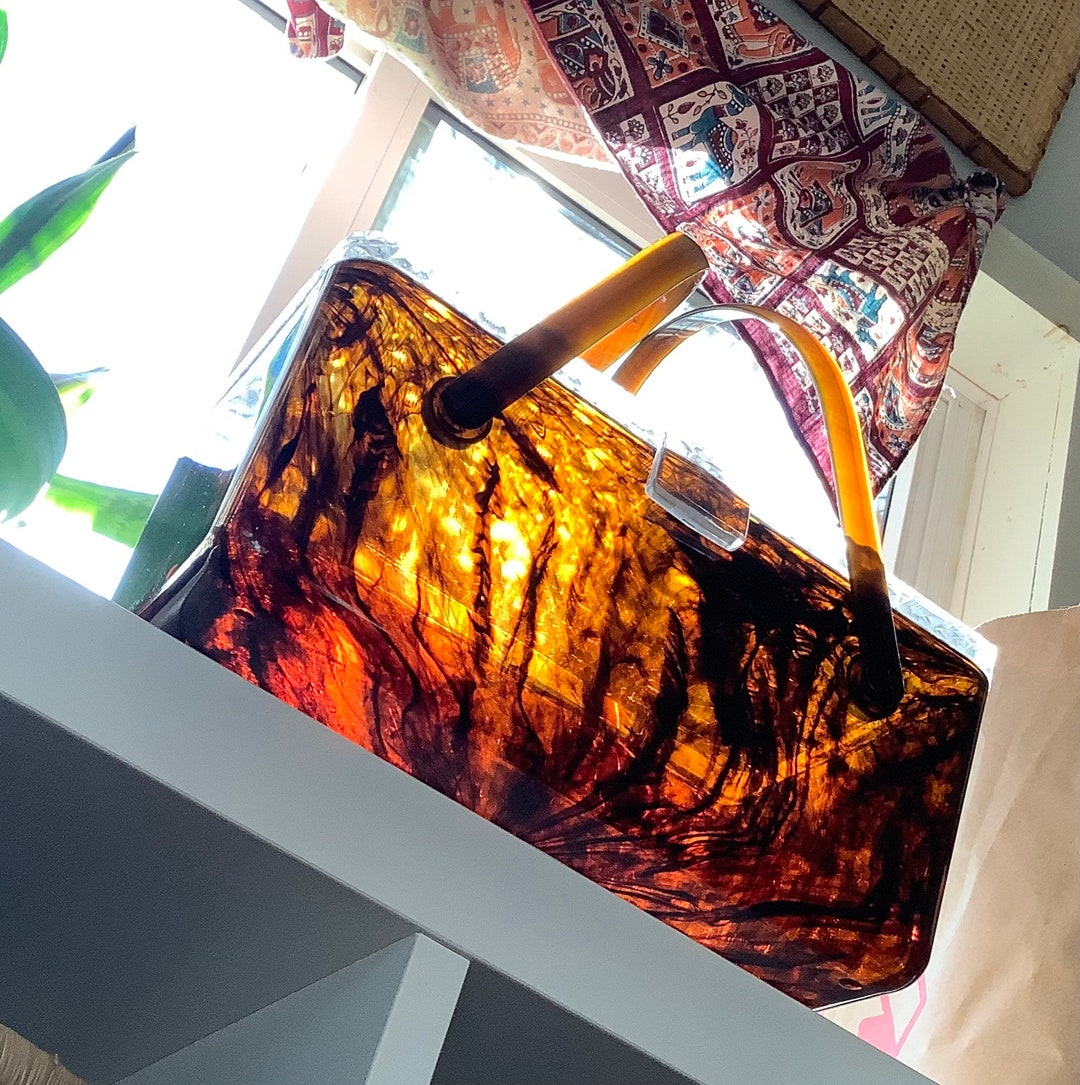 Faux Tortoise Shell Amber Acrylic Box Basket Handle Purse Plastic ...