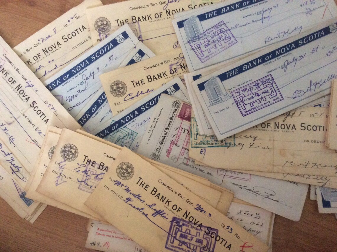 Vintage Cheques 30 Mixed Color 1950s Canadian Campbells Bay Quebec With ...