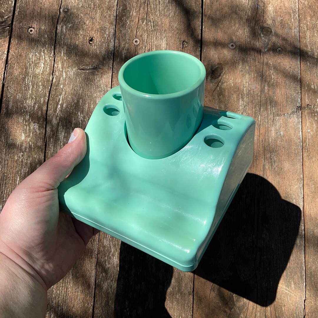 Vintage Plastic Toothbrush Holder Bathroom Caddy Glass Toothpaste Teal ...