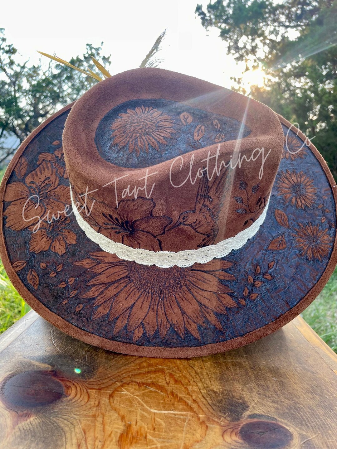 Sunflower Wide Brim Rancher Hat-tobacco With Sunflowers Brim Fedora-womens Hat-vegan Suede ...