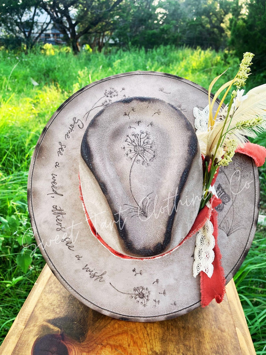 Dandelion Wide Brim Rancher Hat-taupe With Wish Flowers- Brim Fedora ...