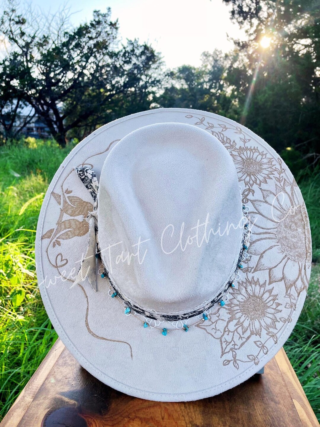 Love Bird Wide Brim Rancher Hat-ivory With Sunflowers-wide Brim Fedora ...