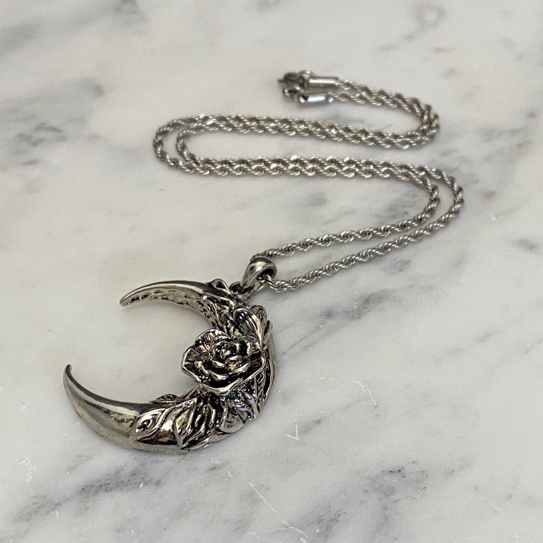 Crescent Moon Pendant, Gothic Necklace, Forest Witch Jewelry, Rose Moon ...