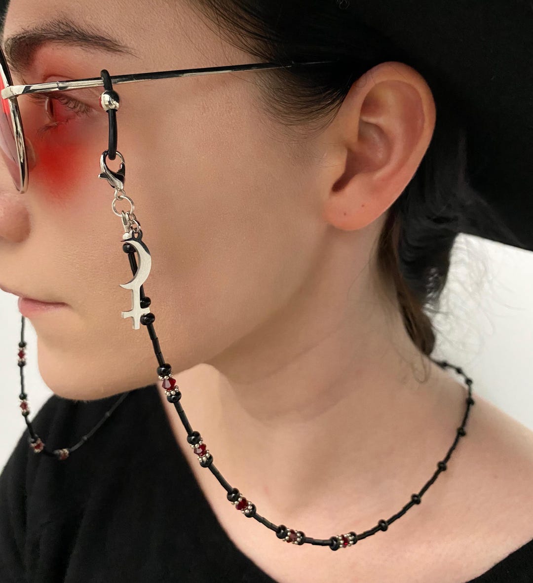 Gothic Lilith Cross Eyeglass Chain, Moon Cross, Red or Purple Crystal ...