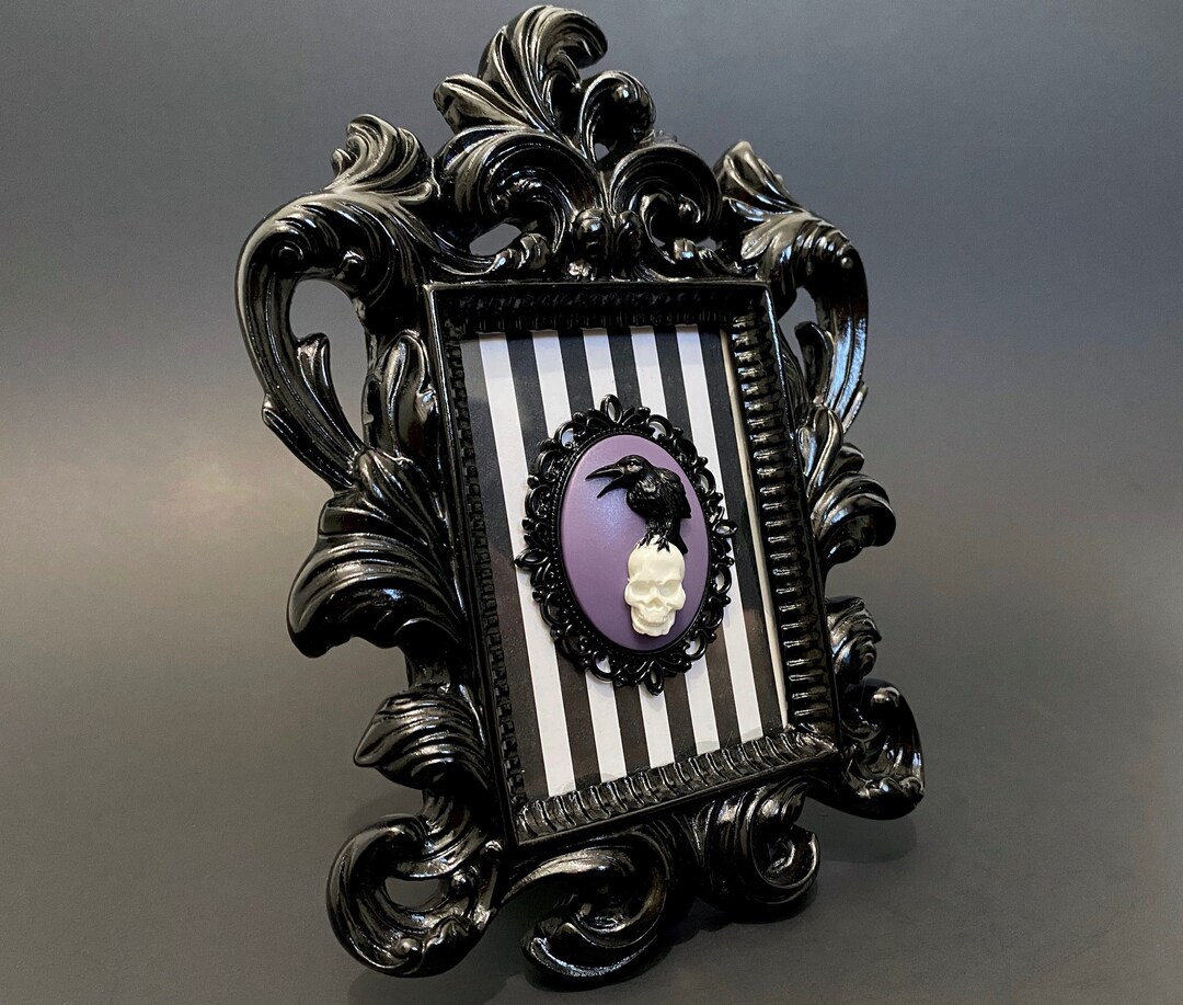 Gothic Ornate Black Frame, Gothic Pinstripes, Raven on Skull Cameo, the ...