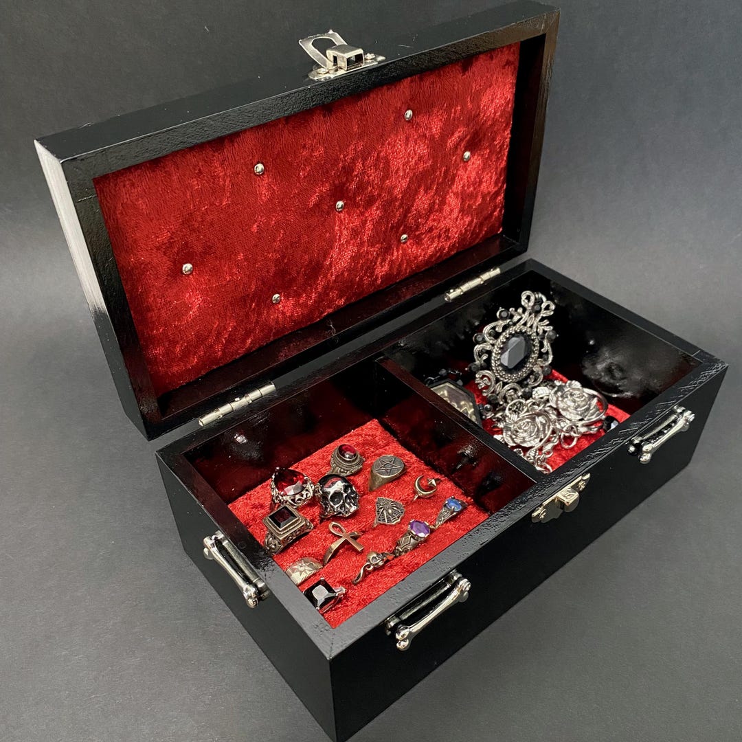 Casket Ring Box, Coffin Jewelry Box, Silver Flying Bat, Bone Handle ...