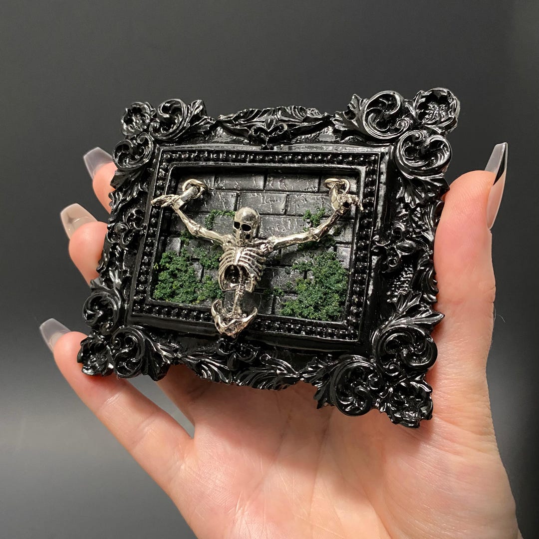 Dungeon Skeleton Wall Art, Miniature Skeleton, Mossy Brick Wall, Black ...