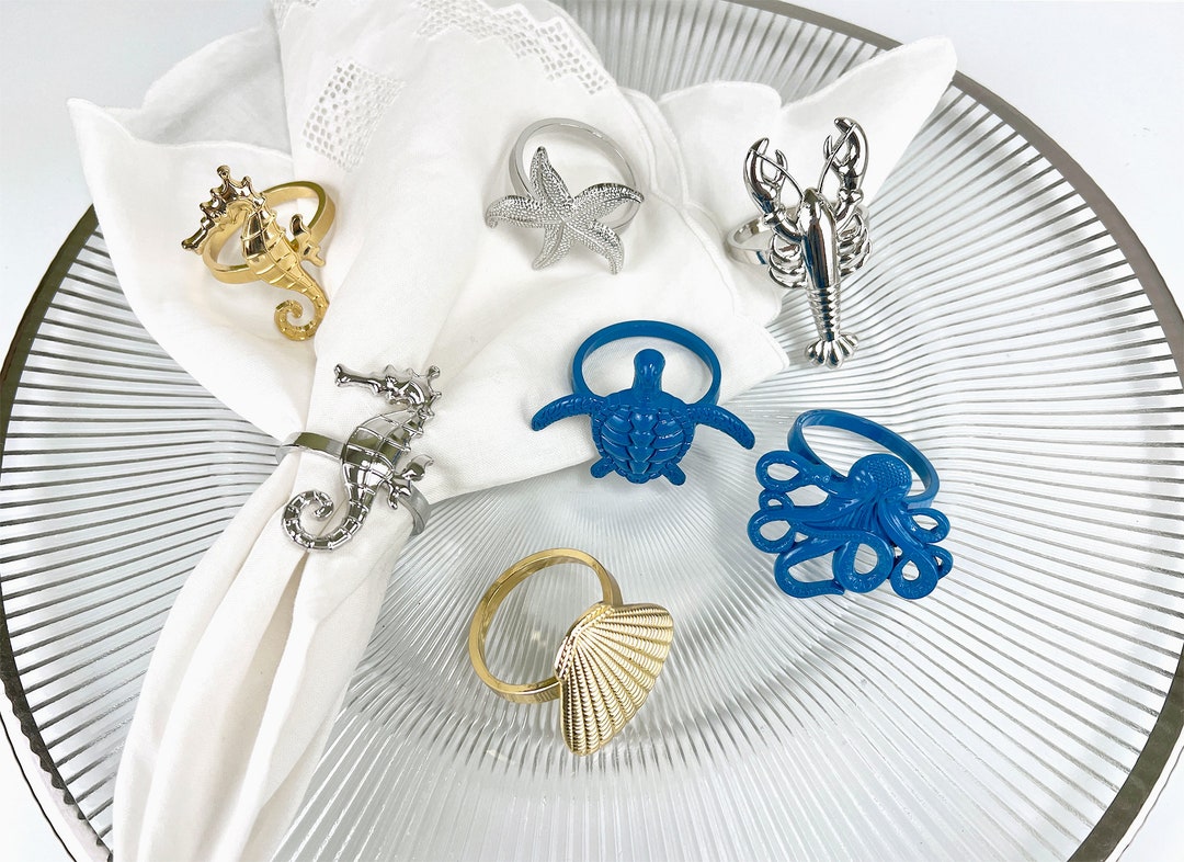 Coastal Sea Creatures Metal Napkin Rings, Set of 6 Blue Nautical Sea ...