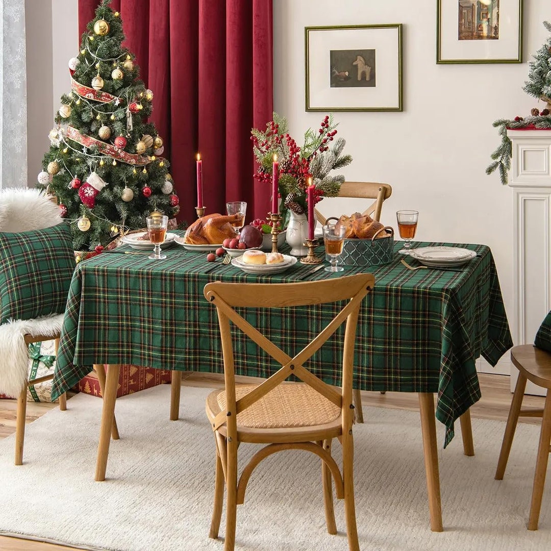 Classic Tartan Snowflake Tablecloth Green Plaid Festive Table Cover for Dining Room, Christmas ...
