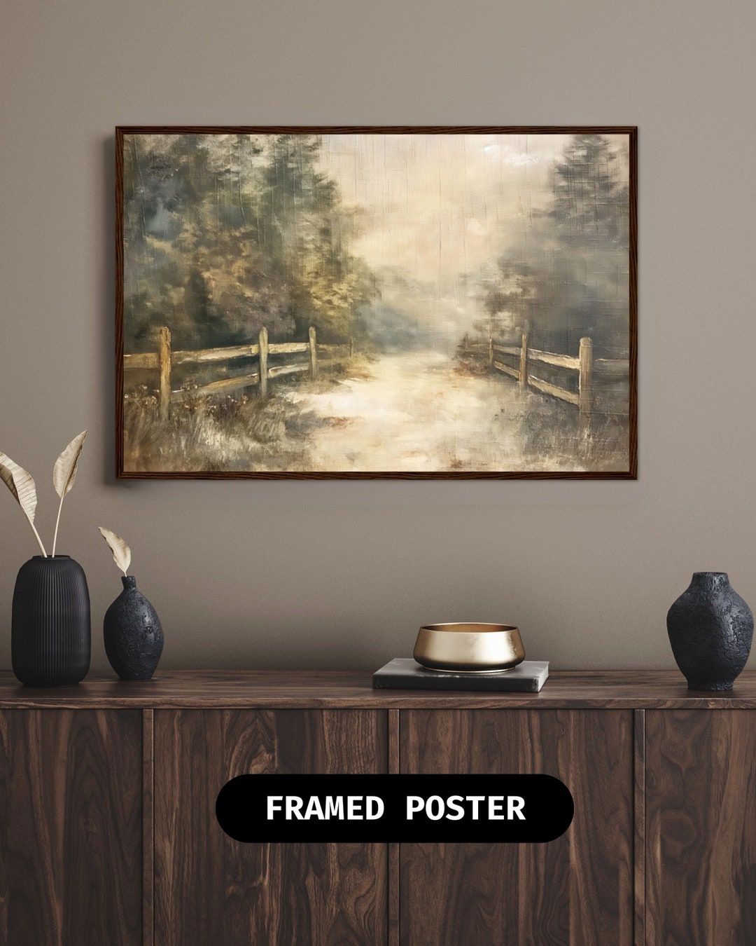 Vintage Landscape Painting Framed Landscape Wall Art Print Moody Rustic ...