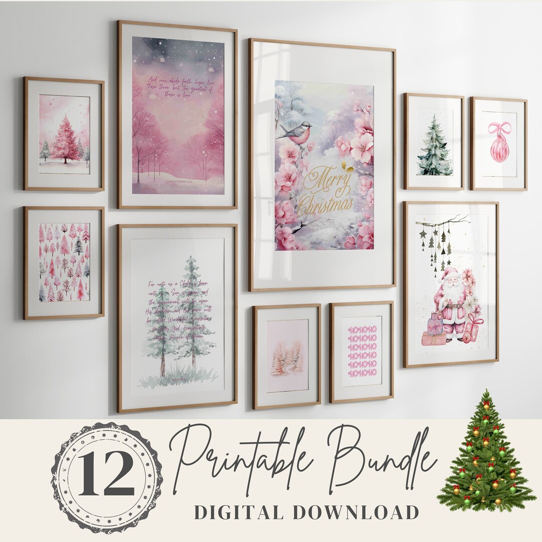 Pink Christmas Printables Wall Art, Christmas Gallery Wall Art Pink ...