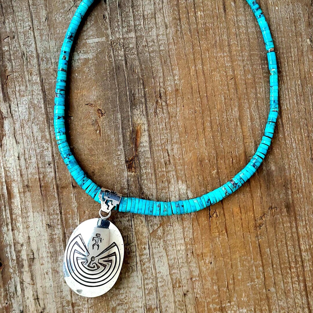 Man in the Maze/ Kokopelli Reversible Pendant on Hand Made Heishe ...