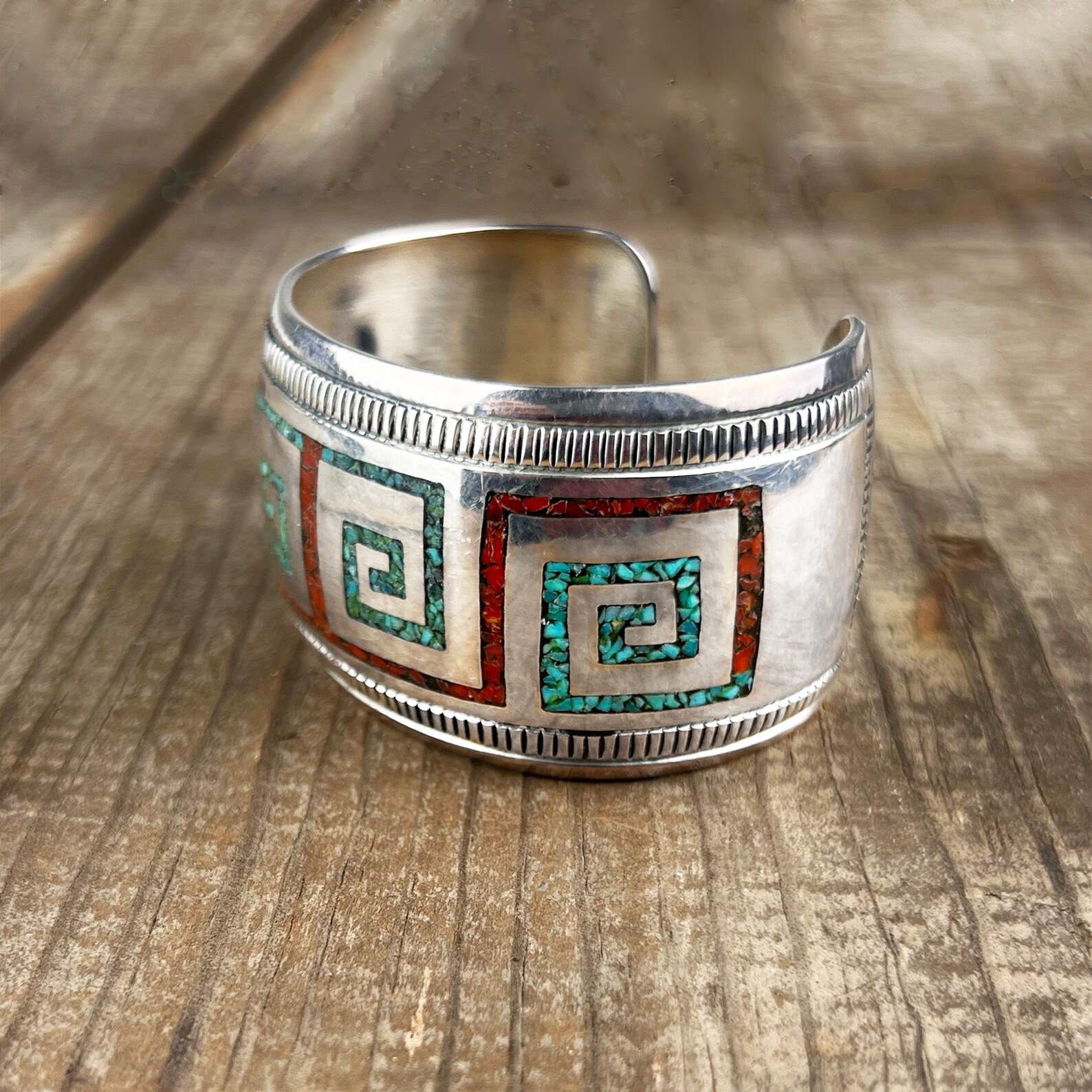Greek Key Coral and Turquoise Chip Inlay Cuff Bracelet - Etsy
