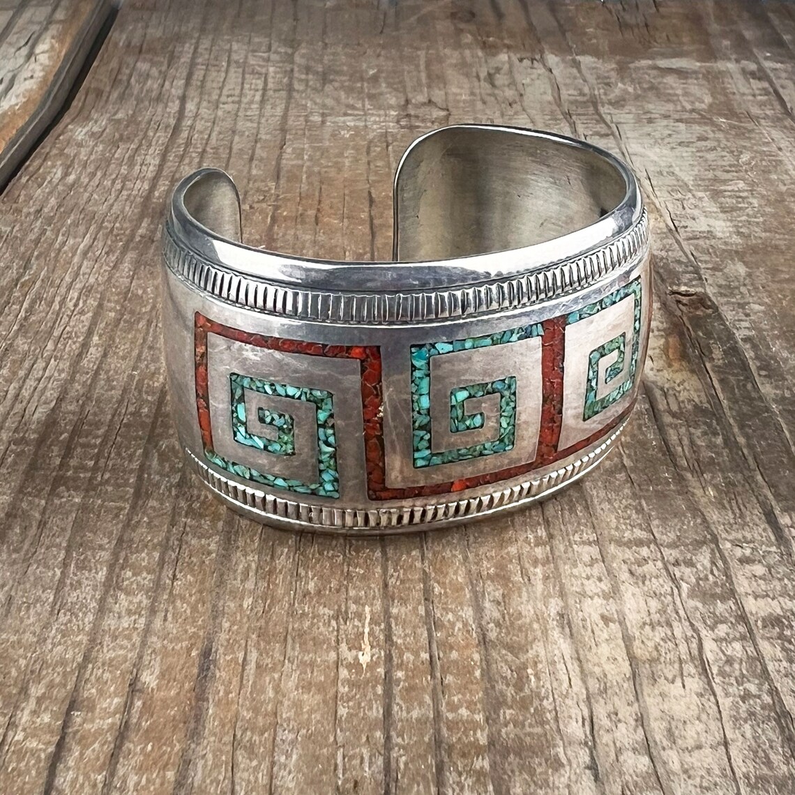 Greek Key Coral and Turquoise Chip Inlay Cuff Bracelet - Etsy