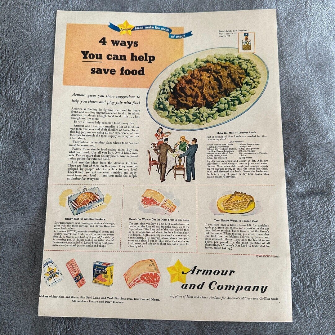 Armour Meat Save Food Fights for Freedom Recipe WWII Era Vintage Print ...