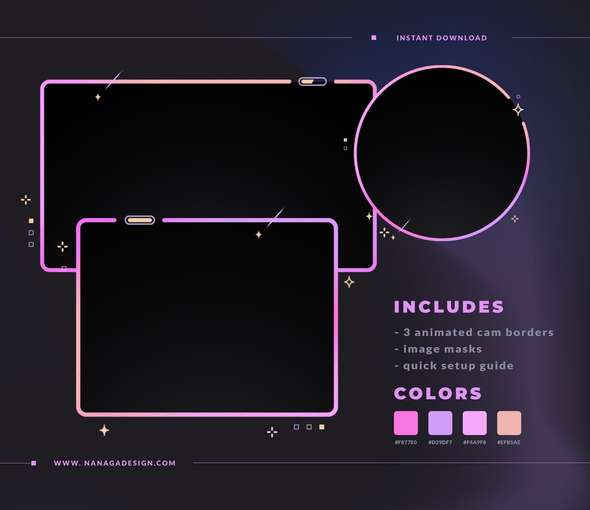 Animated Pink Gradient Webcam Border Pack: Cosmic Stars Stream Overlays ...