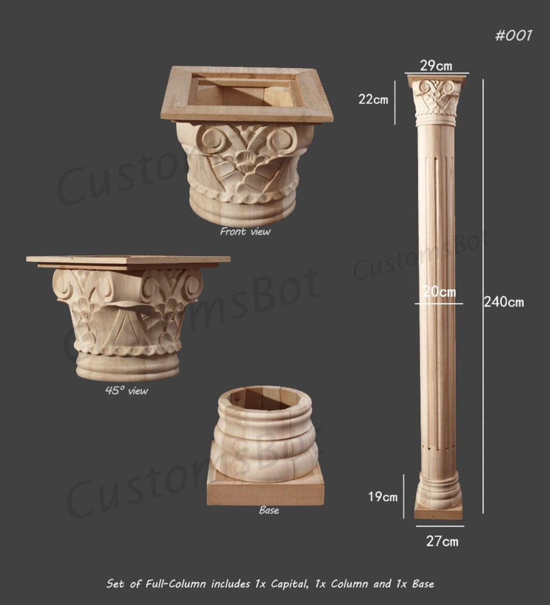 Wood Roman Column, Capital & Base, Architectural Ionic Column, Set of ...