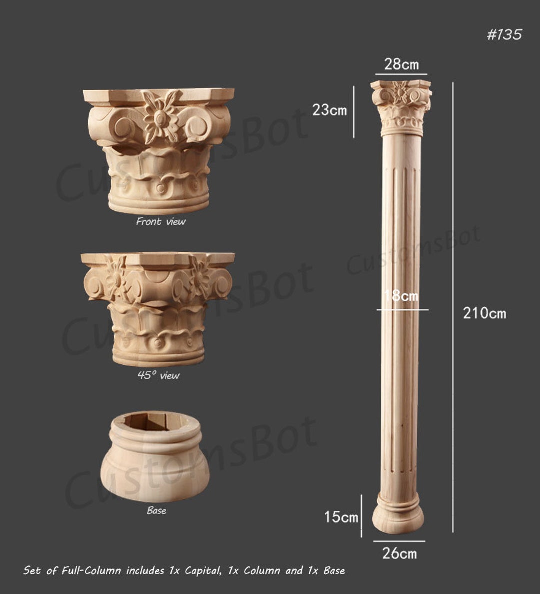 Wood Carved Roman Column, Capital & Base, Architectural Ionic Column ...
