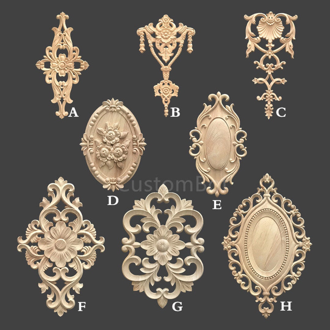 Unpainted Wood Carved Applique Onlay, 1pc, Home Wall Embellishments ...