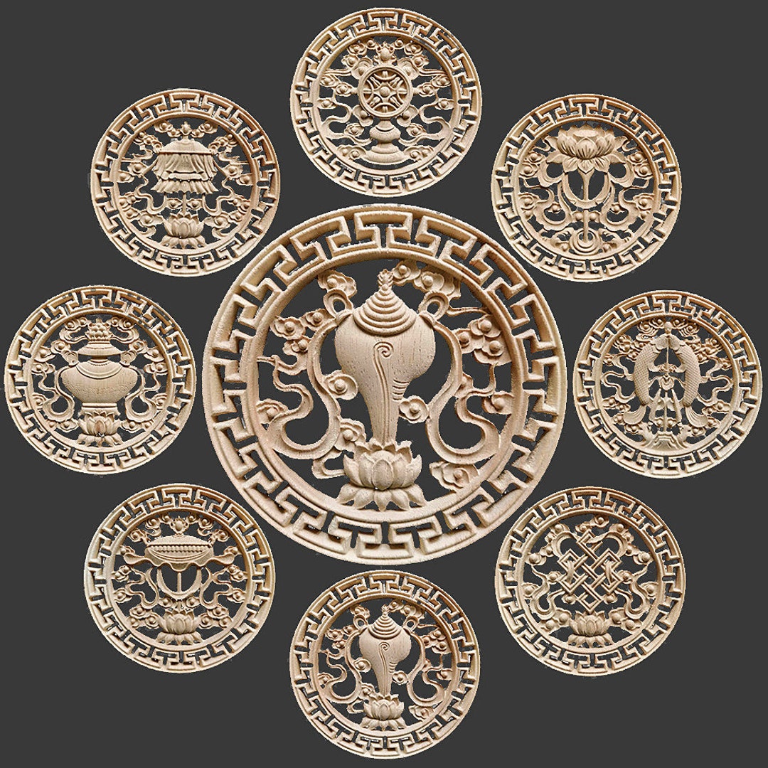 4 to 16 Set of 8 Auspicious Eight Treasures Round Applique Onlay ...