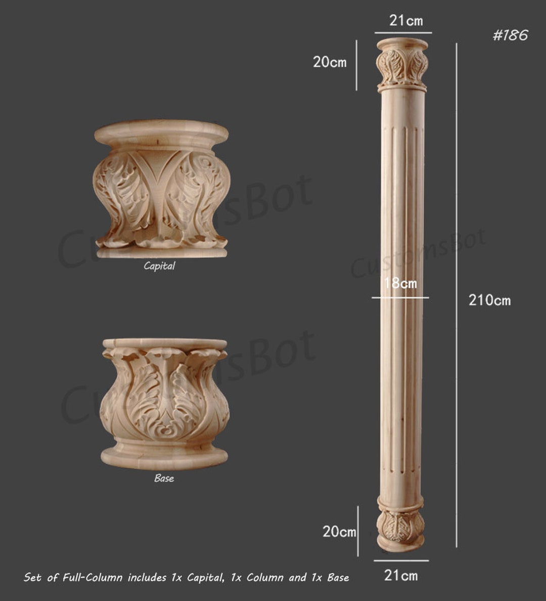 Wood Roman Column, Capital & Base, Greek Architectural Column, European Set of Full or Half ...