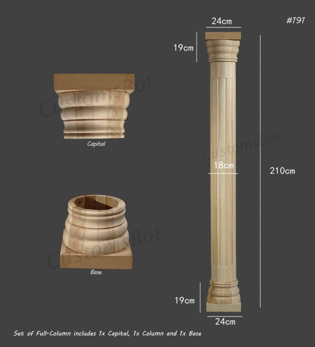 Wood Roman Column, Capital & Base, Greek Architectural Column, European ...