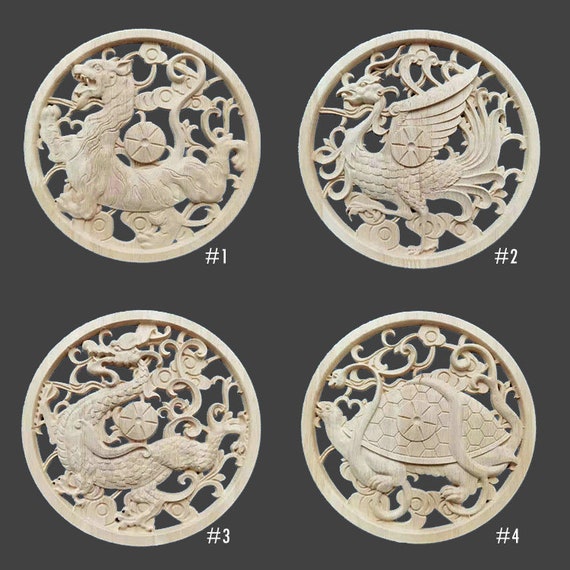 Four Symbols Si Xiang Unpainted Wood Carved Round Applique | Etsy