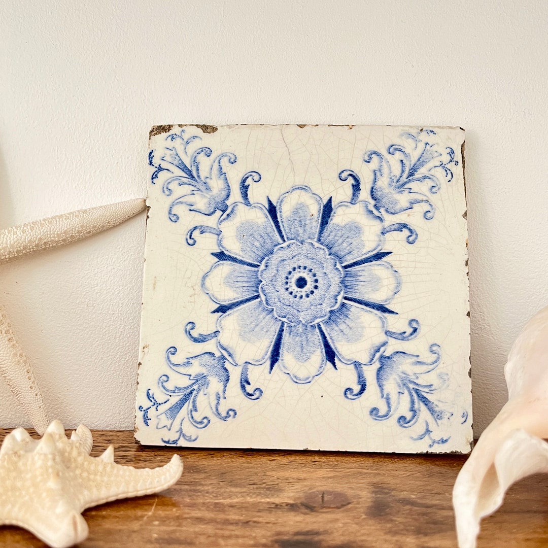 Antique Victorian Wall Tile, Blue and White Tile, Salvaged Antique Tile ...