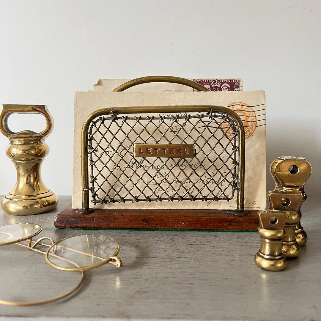Antique Wood and Brass Wire Letter Rack, Edwardian Letter Rack, Desk ...