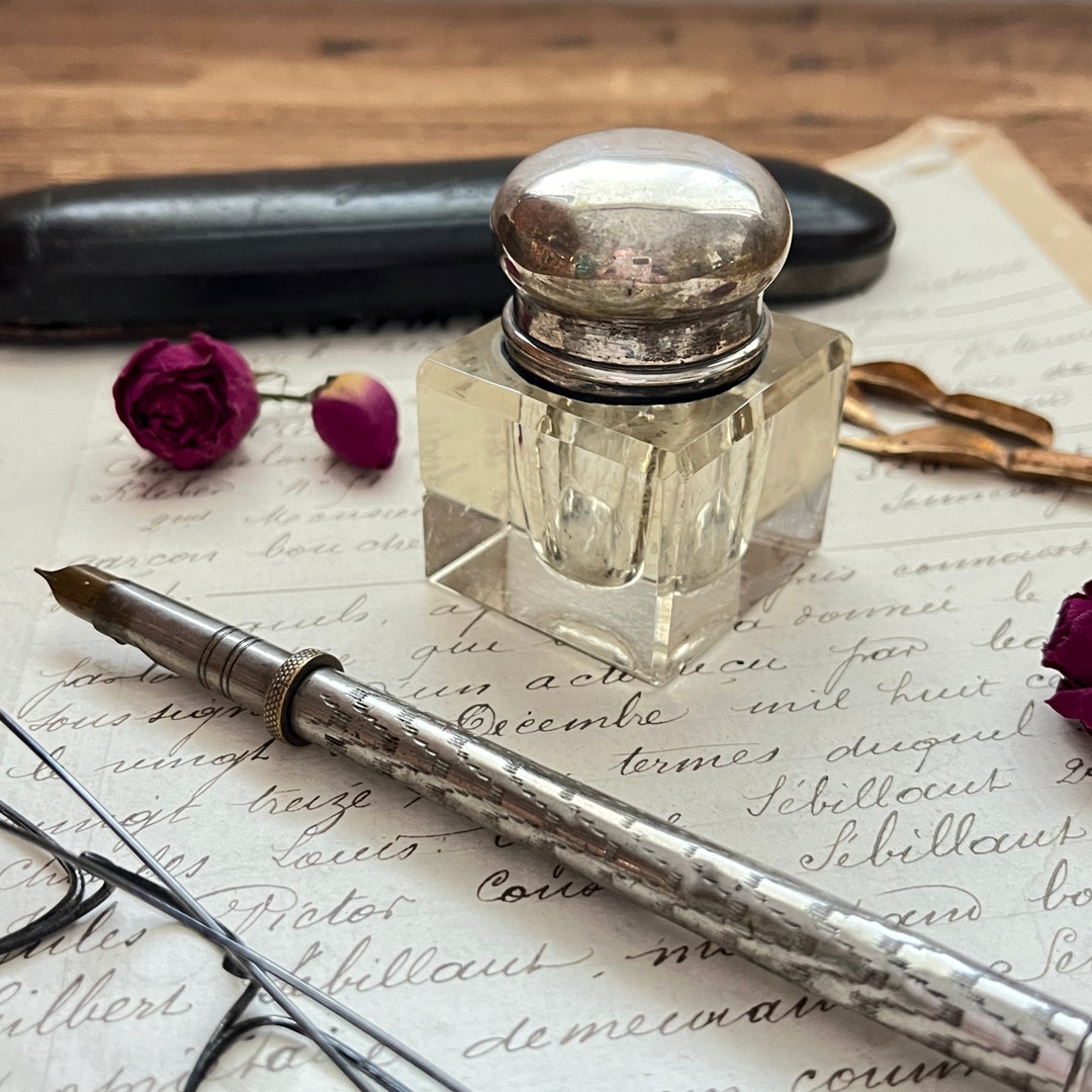 Small Antique Inkwell, Antique Inkwell, Glass and Silver Topped Inkwell ...