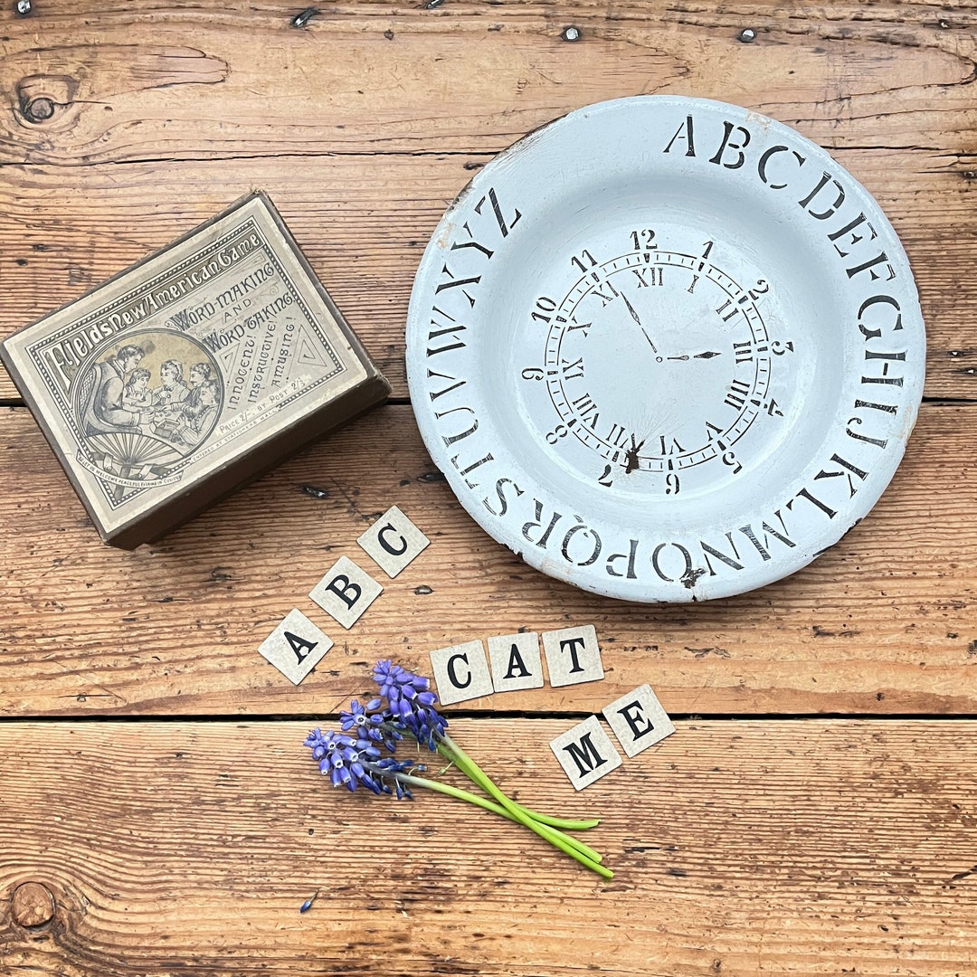 Antique Enamel Plate, Antique ABC and Clock Child's Plate, Antique ...