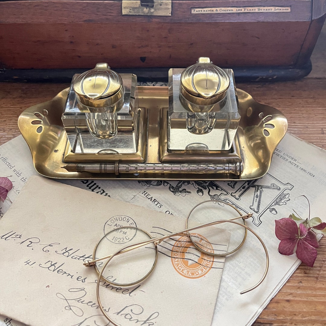 Antique Brass Ink Stand and Inkwells, Brass Ink Stand, Decorative Glass ...