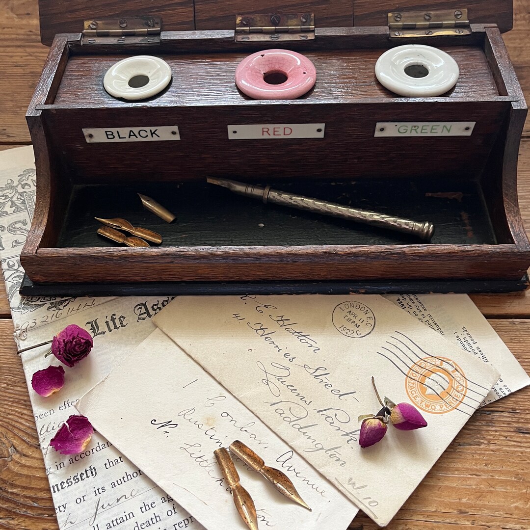 Antique Ink Stand and Inkwells, Edwardian Ink Stand, Lidded Ink Stand ...