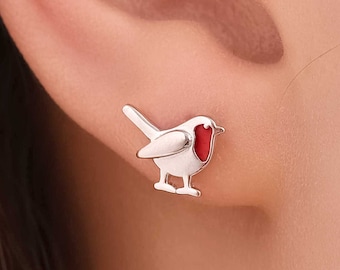 Robin Bird Stud Earrings in Sterling Silver, Sterling Silver Robin ...