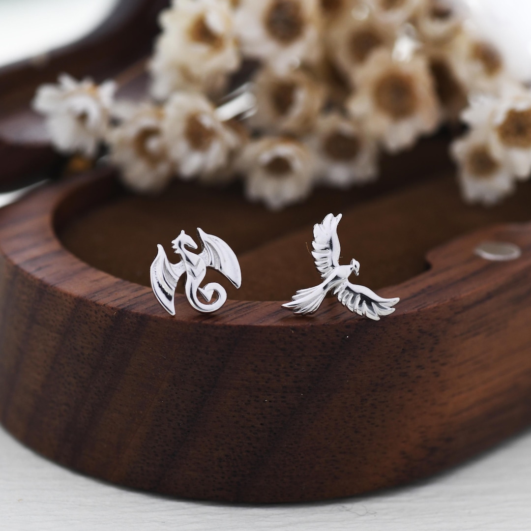 Mismatched Dragon and Phoenix Stud Earrings in Sterling Silver, Silver ...