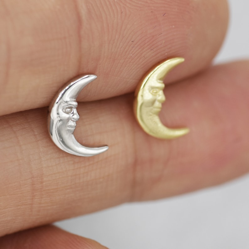 Man in the Moon Stud Earrings in Sterling Silver - Moon Face Earrings ...