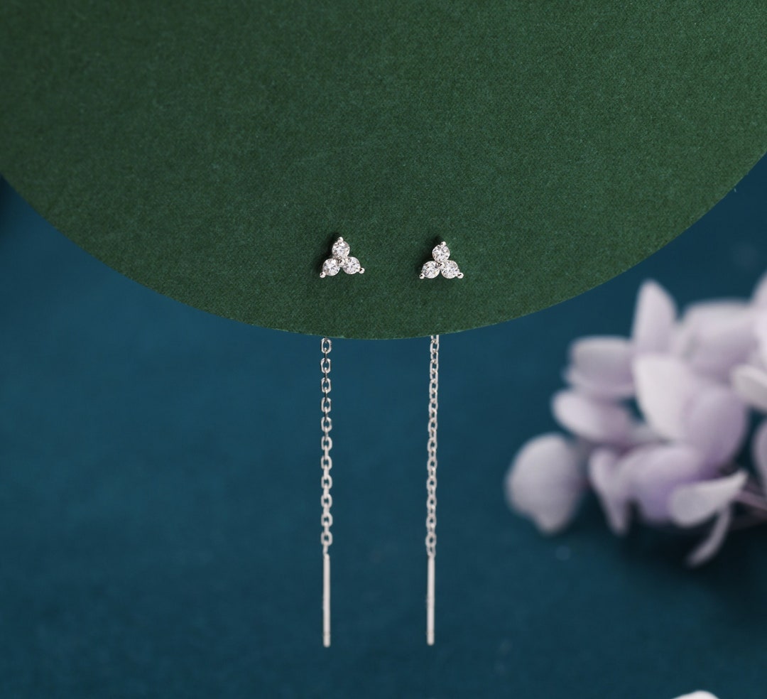 CZ Trio Flower Threader Earrings in Sterling Silver, Silver or Gold, Three Dot Crystal Ear ...
