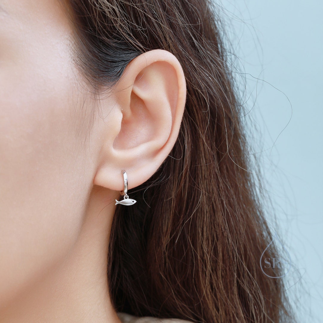 Tiny Fish Huggie Hoop Earrings in Sterling Silver, Fish Earrings, Fish ...