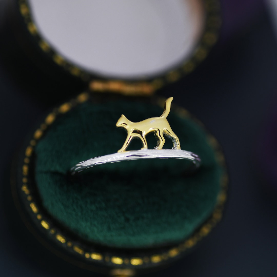 Cute Cat Ring in Sterling Silver, Two Tone Finish Cat Silhouette Ring ...