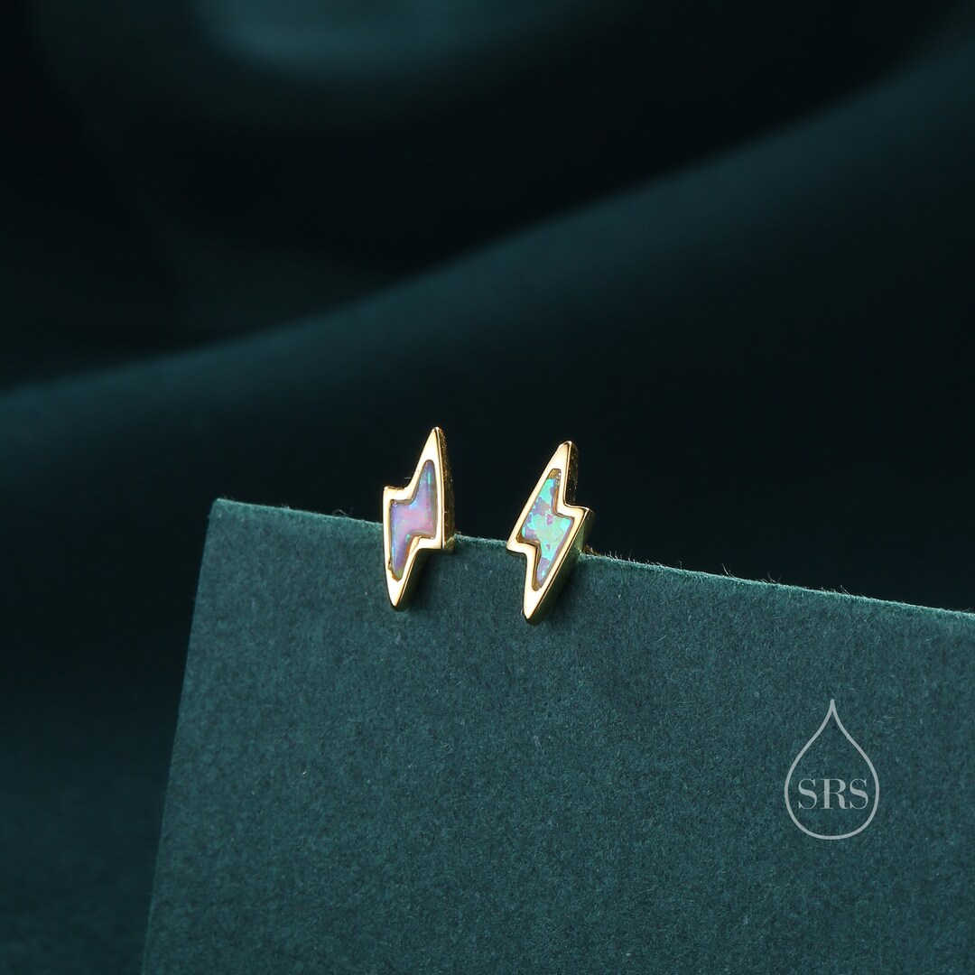 Extra Tiny Opal Lightning Bolt Stud Earrings in Sterling Silver, Silver ...