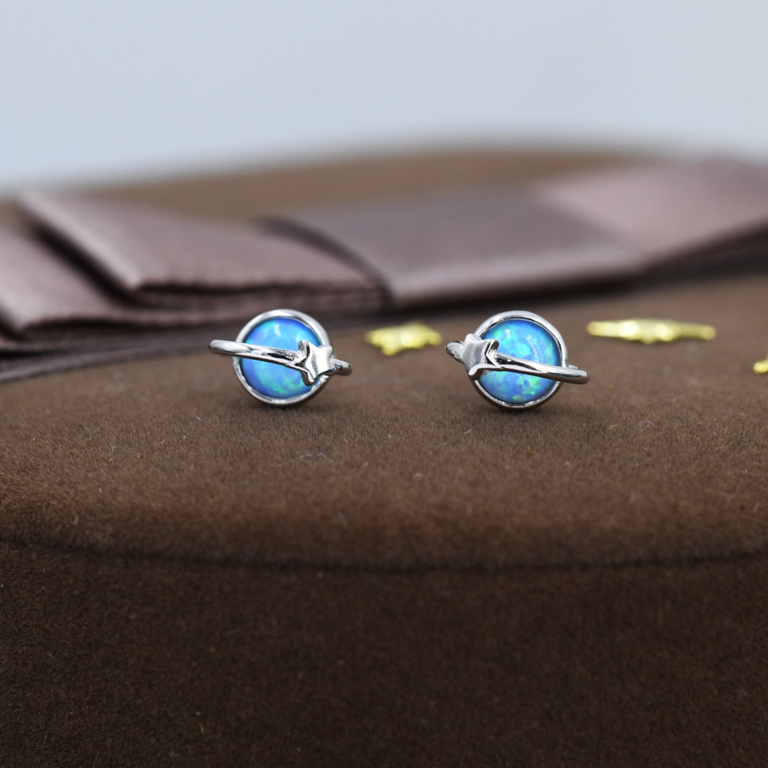 Blue Opal Planet Stud Earrings in Sterling Silver, Lab Opal Planet ...