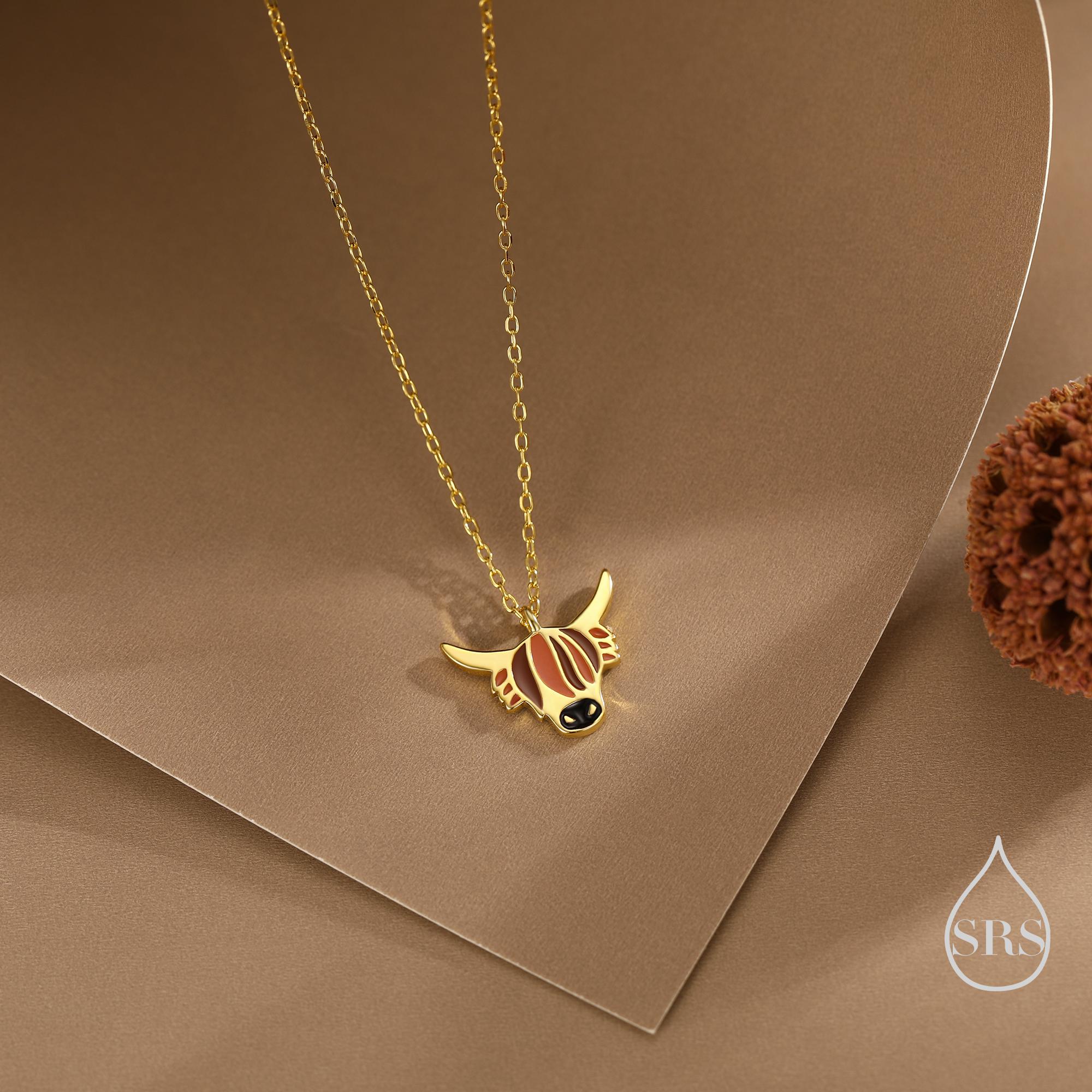 Sterling Silver Enamel Highland Cow Pendant Necklace, Silver or Gold ...