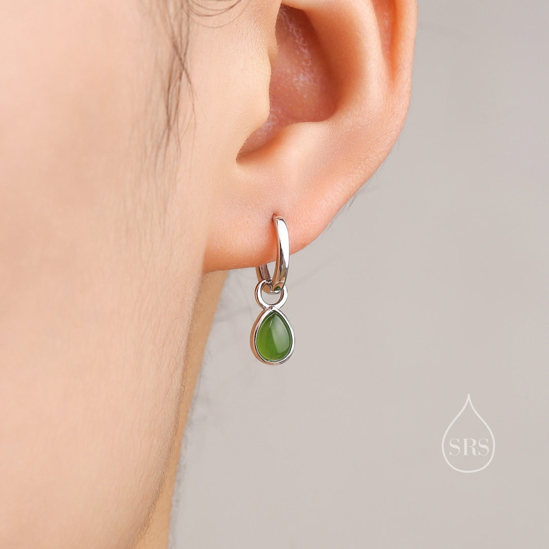 Sterling Silver Dangling Jade Droplet Hoop Earrings, Detachable Genuine ...