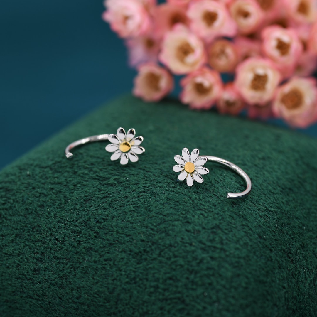 Daisy Flower Huggie Hoop Earrings in Sterling Silver, Two Sizes, Curved ...