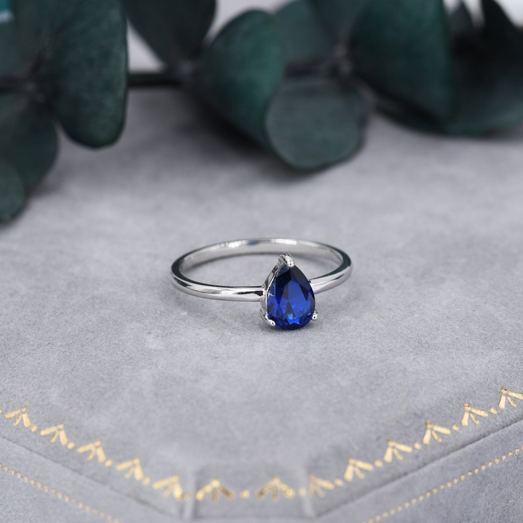 Created Blue Sapphire Droplet Ring in Sterling Silver, 5x7mm, Prong Set ...