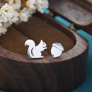 Mismatched Squirrel and Acorn Stud Earrings in Sterling Silver, Silver or Gold, Squirrel ...