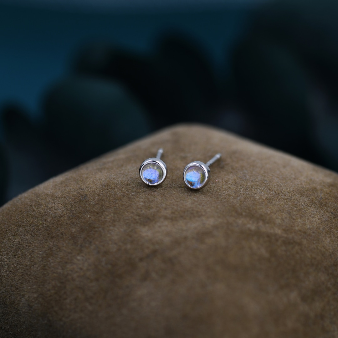 Moonstone Stud Earrings in Sterling Silver, Bezel, Aurora Stone Stud Earrings, 3mm Aurora ...