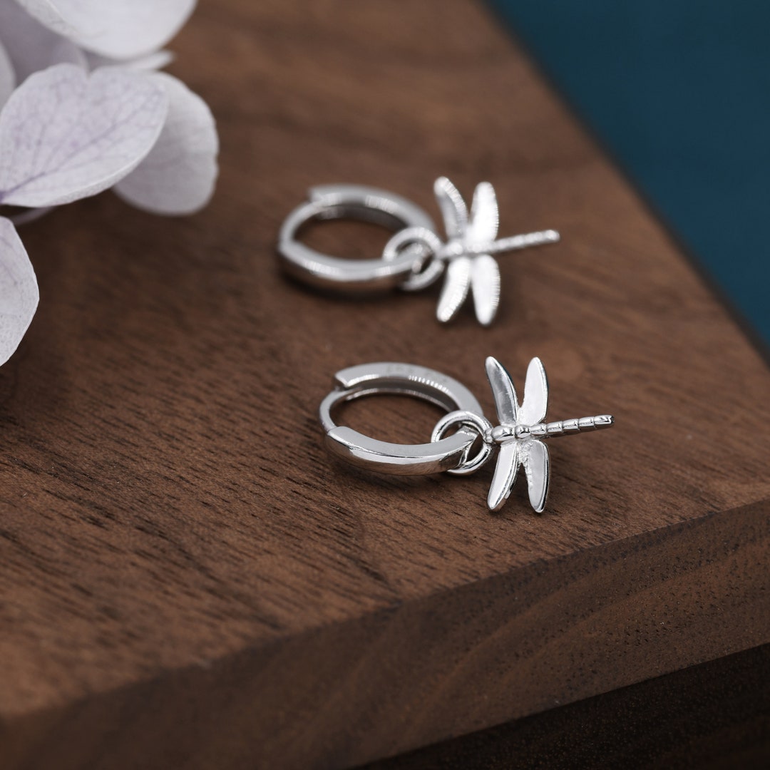Sterling Silver Dragonfly Huggie Hoops, Silver, Gold or Rose Gold ...