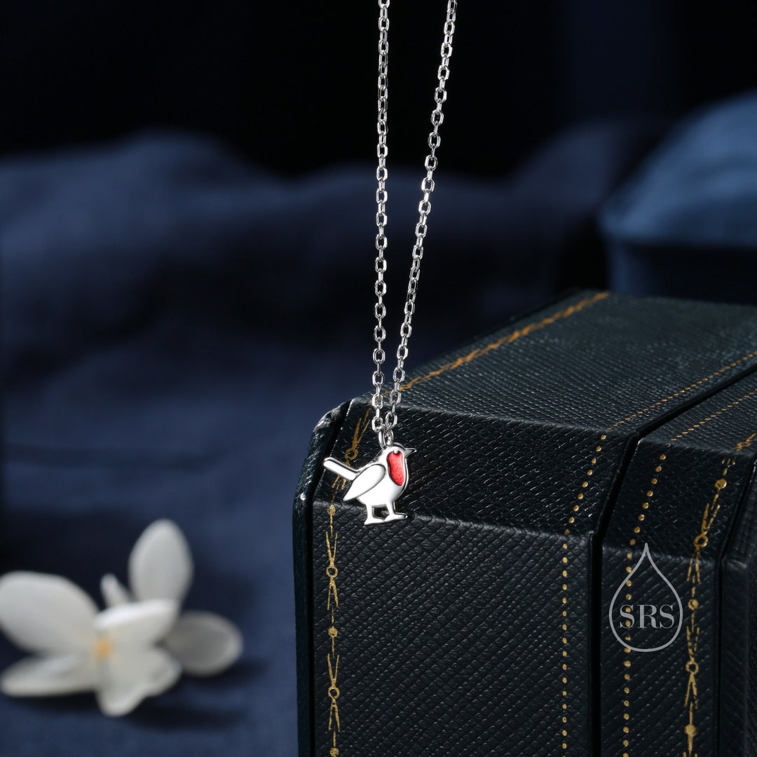 Tiny Robin Bird Pendant Necklace in Sterling Silver With Enamel, Silver ...